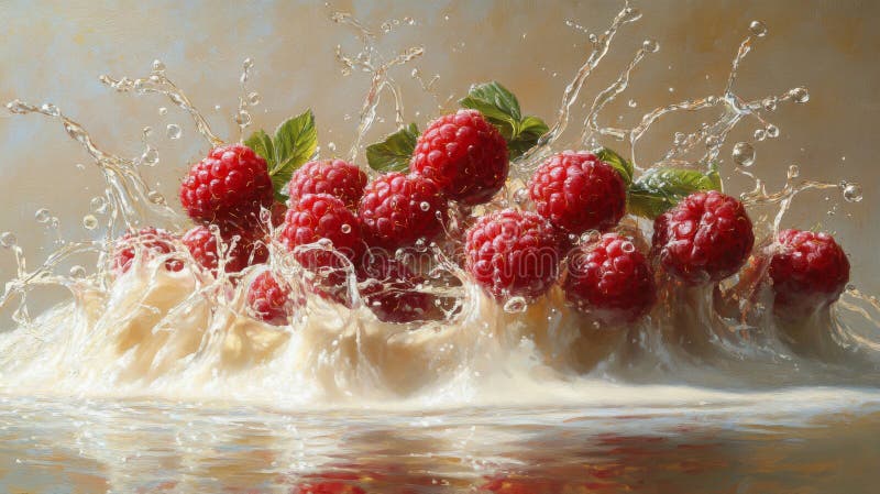 Juicy Raspberries Splashing in Water Still Life Stock Illustration ...