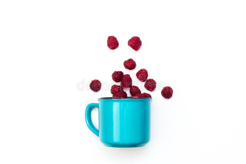 Juicy Raspberry in Blue Mug Isolated on White Background Selective ...