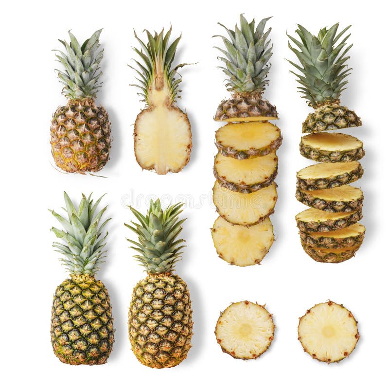 Juicy Ripe Pineapples of Different Varieties are Whole and Cut on a ...