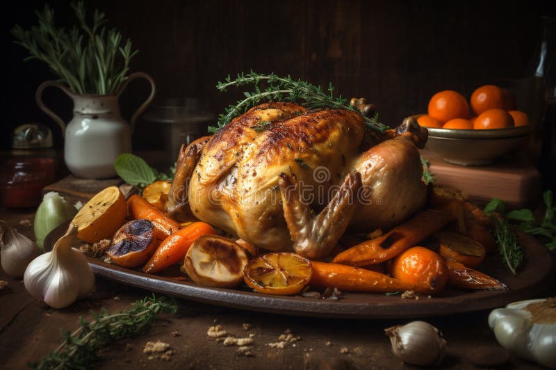 Juicy Roasted Chicken with Vegetables in Baking Dish Over Decorated ...
