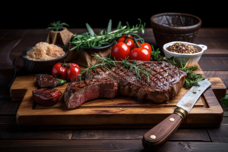 Juicy and Sizzling Steak with Grill Marks on a Rustic Wooden Board and ...