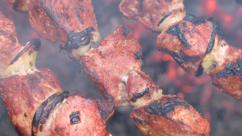 A Juicy Slice of Shish Kebab is Cooked Over the Fire.Cooking Meat on ...