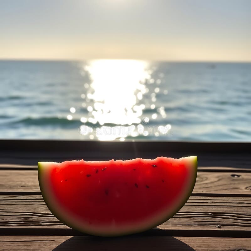 A Juicy Slice of Watermelon on a Wooden Deck with the Ocean in the ...