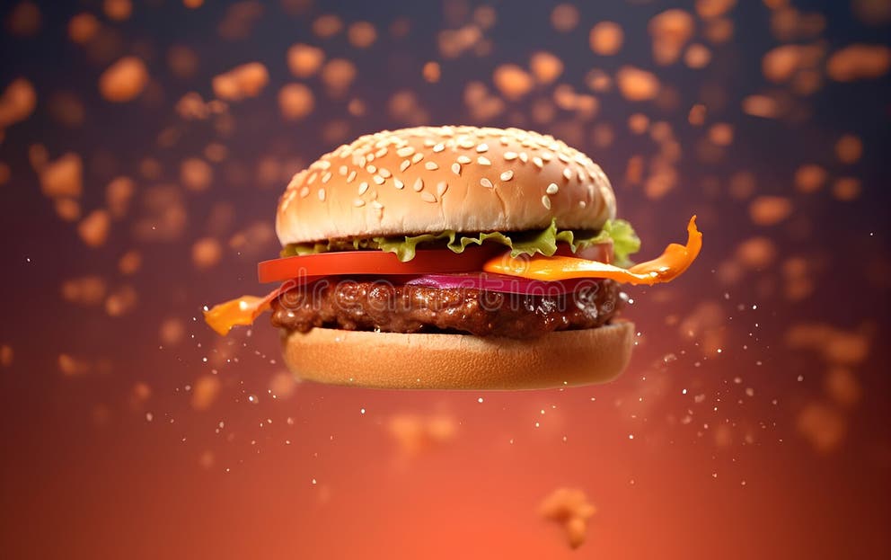 Juicy Soaring Burger with a Splash of Sauce. Stock Image - Image of ...
