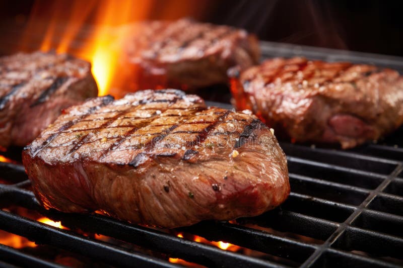 Juicy Steaks Marked with Grill Lines, Sizzling on Grill Stock Photo ...