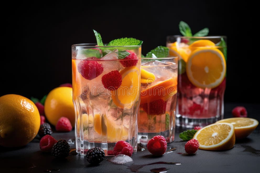 Juicy Summer Drink with Chunks of Fruit and Ice Cubes Stock ...