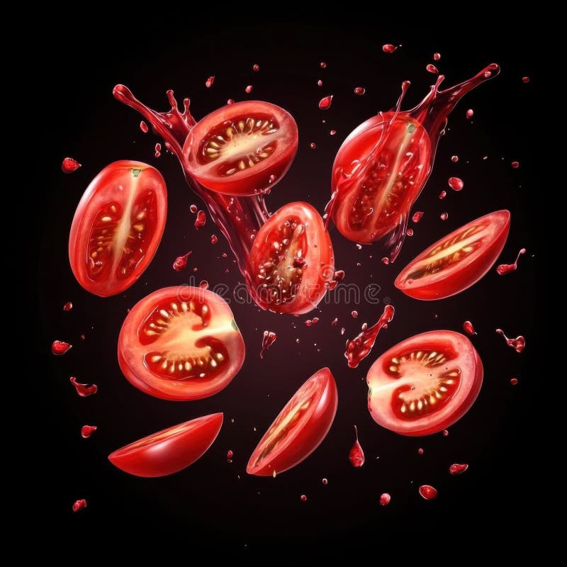 Juicy Tomato Slices Splashing, Red Burst Stock Illustration ...