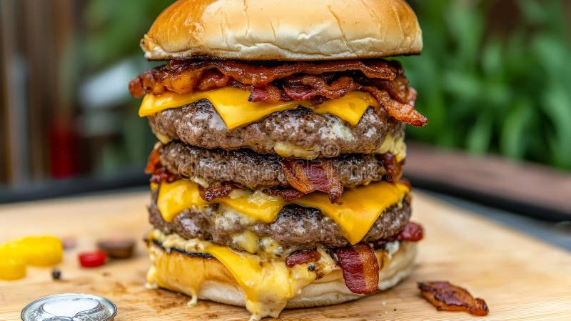 Juicy Triple Cheeseburger with Crispy Bacon Stock Image - Image of ...