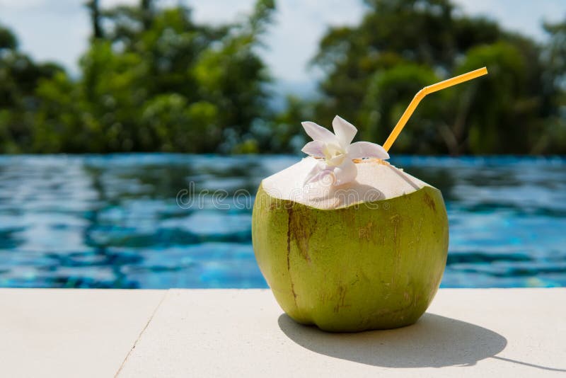 Juicy Tropical Coconut on Blue Pool Background Stock Photo - Image of ...