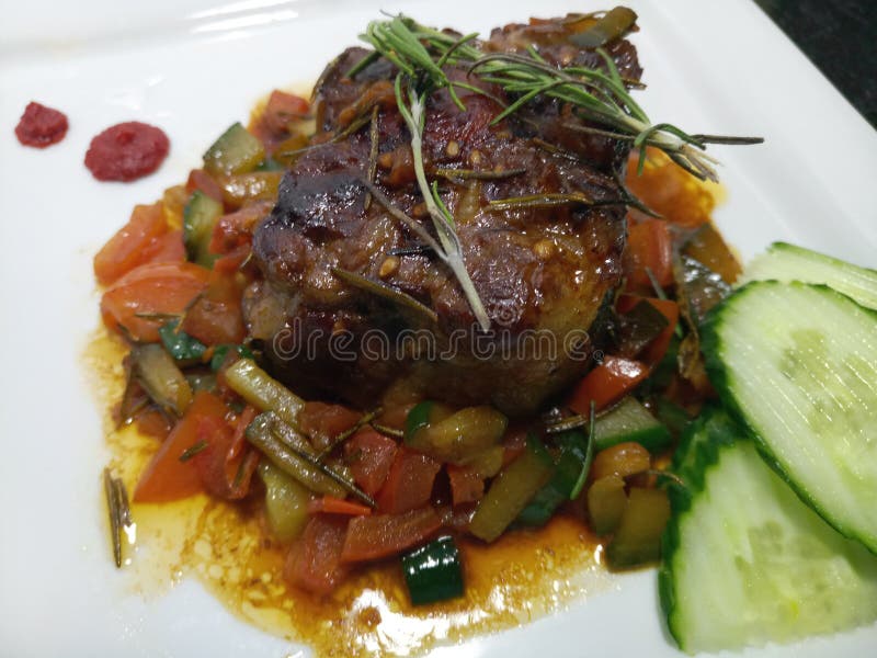 Thick Chunk of Cooked Beef Meat on a Square Plate Stock Image - Image ...