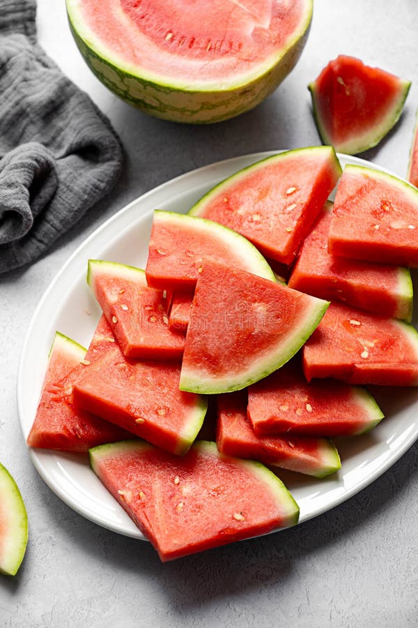 Juicy Watermelon Slices in a Plate, Top View. Summer Fresh Fruit Snack ...