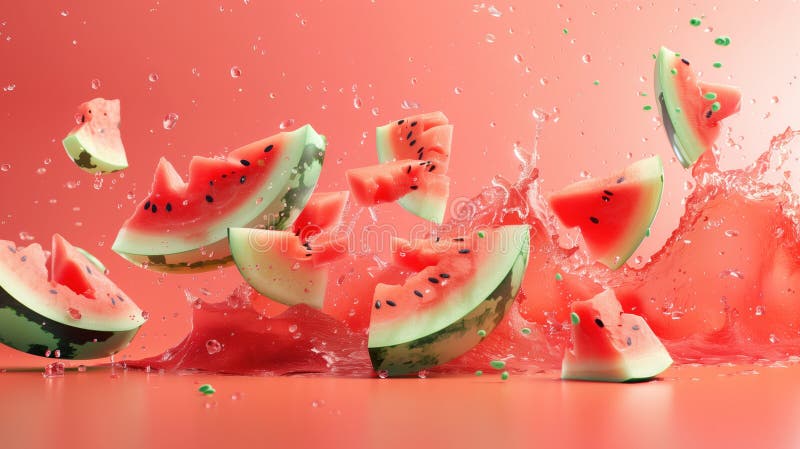 Juicy Watermelon Slices Splashing Freely Stock Illustration - Illustration of delicious, flavor ...