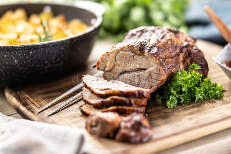 Juicy Whole Roasted Neck on a Cutting Board Stock Photo - Image of ...