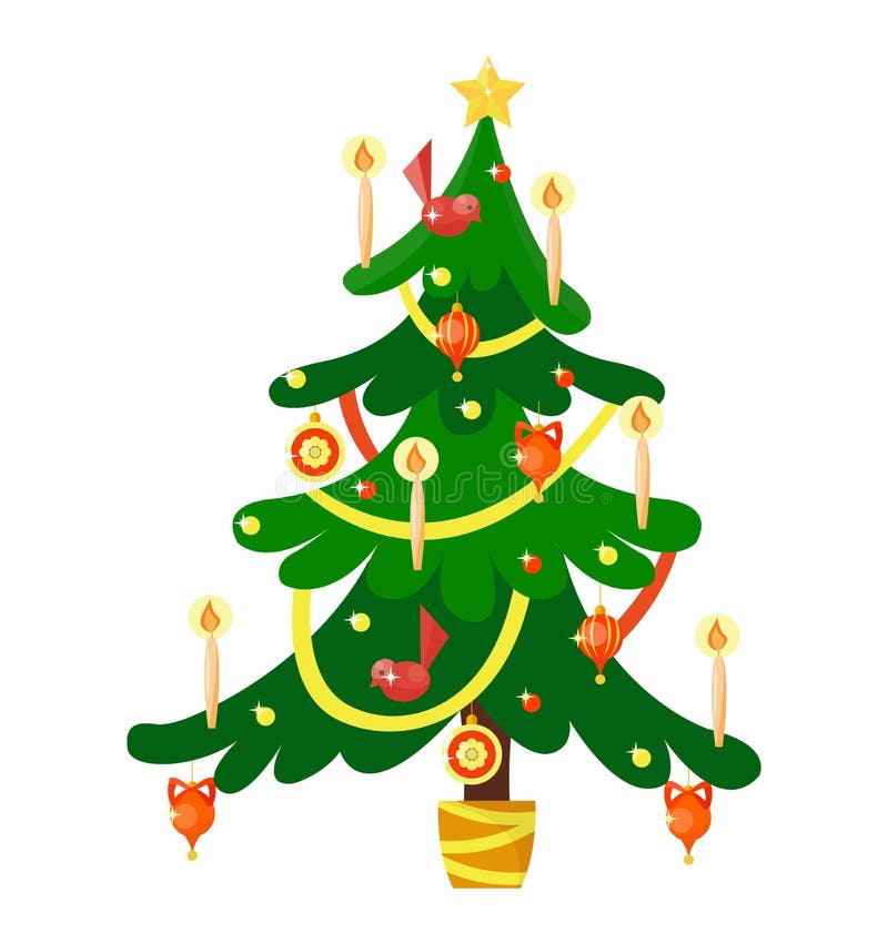 Julgran Med Tecknad Jultomte, Presentlådor, Ljus- Och Snömansvektor ...