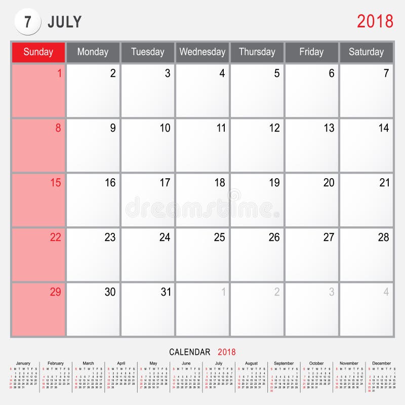 Juli 2018 Kalender-Planer-Design Vektor Abbildung - Illustration von ...