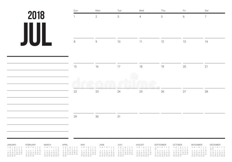 Juli 2018 Kalender stock abbildung. Illustration von datum - 99433049