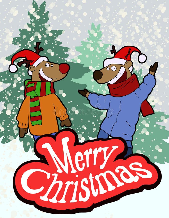 Julkort Med Renen I Rolig Hatt Vektor Illustrationer - Illustration av ...