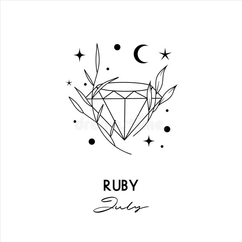 July Birth Month Ruby Gemstone, Vector Hand Drawn Isolated Line Art ...