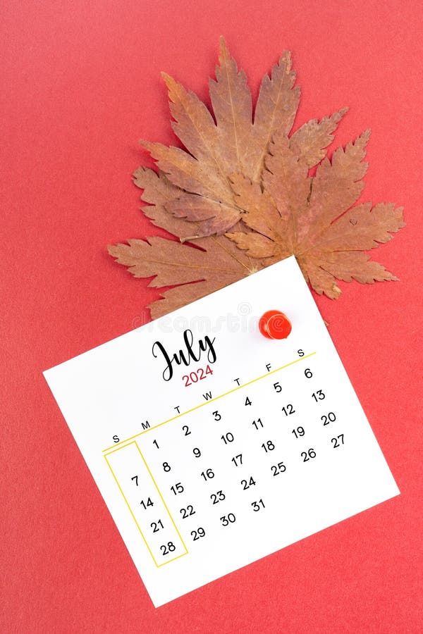 July 2024 Calendar Page and Autumn Maple Leaf with Thumbtack Stock ...