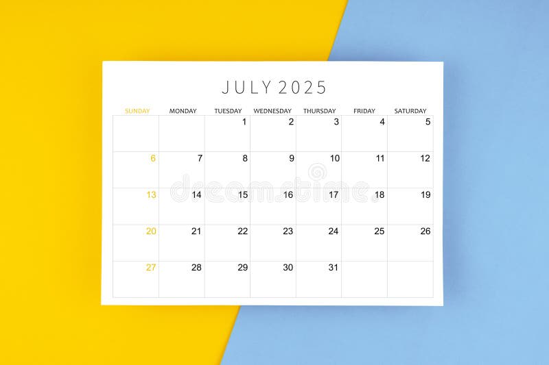 July 2025 Calendar Page on Yellow and Blue Background Stock Photo ...