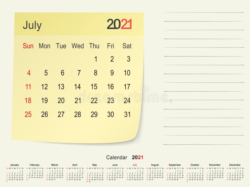July 2021 Calendar Paper Note Design Stock Vector - Illustration of ...