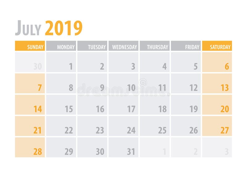 July. Calendar Planner 2019 in Clean Minimal Table Simple Style. Vector ...