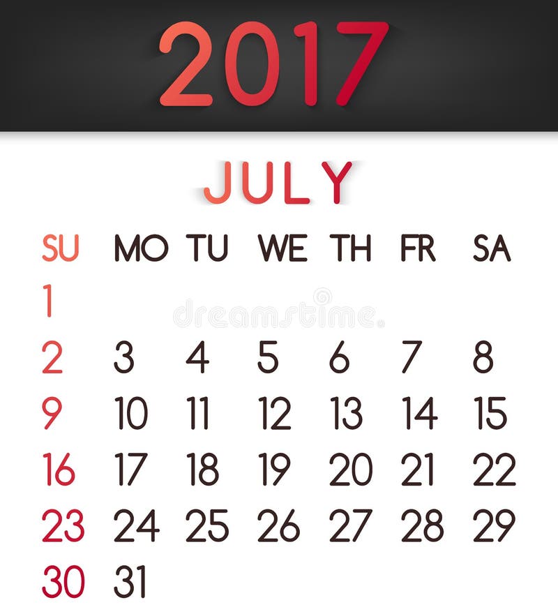 July 2017 Calendar Vector in a Flat Style in Red Tones. Stock Vector ...