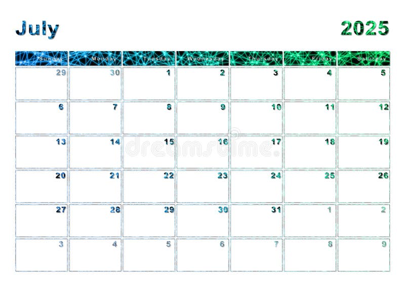 July 2025 Calendar, Week Start Sunday Stock Illustration - Illustration ...