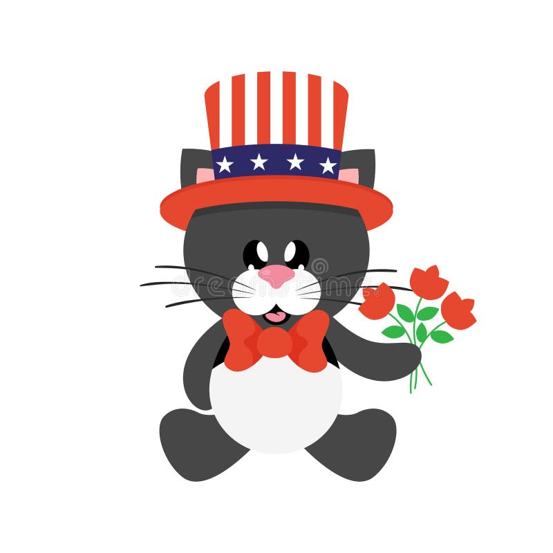 4 July Cartoon Cute Black Cat in Hat Sitting with Flowers Stock Vector ...
