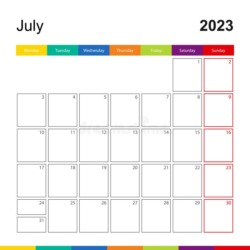 July 2023 Colorful Wall Calendar, Week Starts on Monday Stock Vector ...