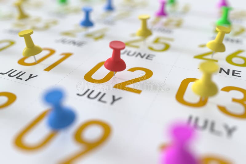July 2 Date and Push Pin on a Calendar, 3D Rendering Stock Illustration ...