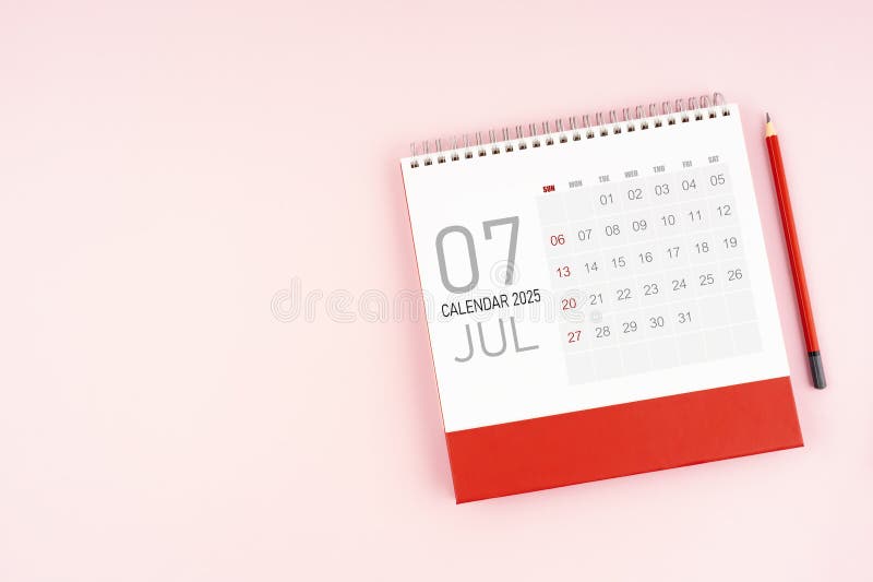 July 2025 Desk Calendar and Red Pencil, Position with Copy Space Stock ...