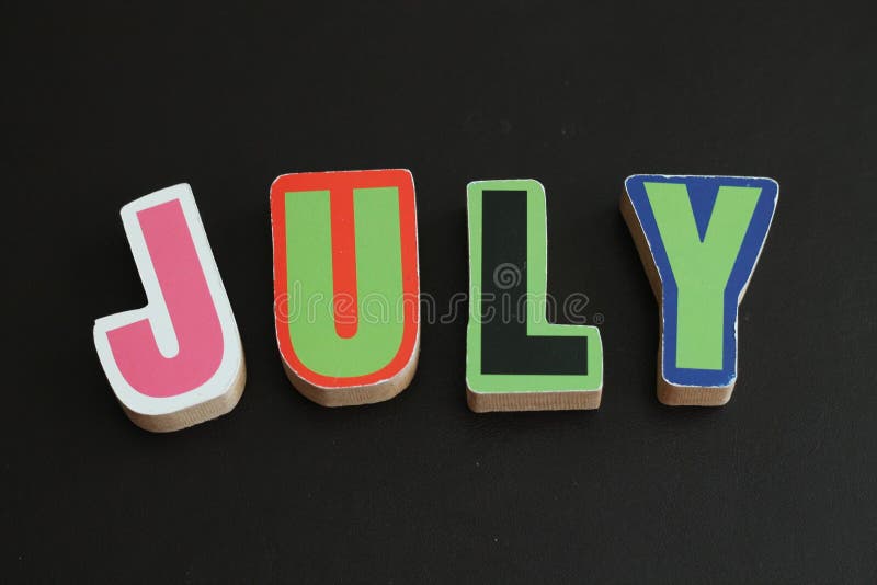 July Letters on Black Background Stock Photo - Image of month, blue ...