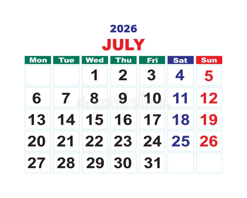 July 2026 Monthly Calendar Layout, Vector Printable Planner for Office ...