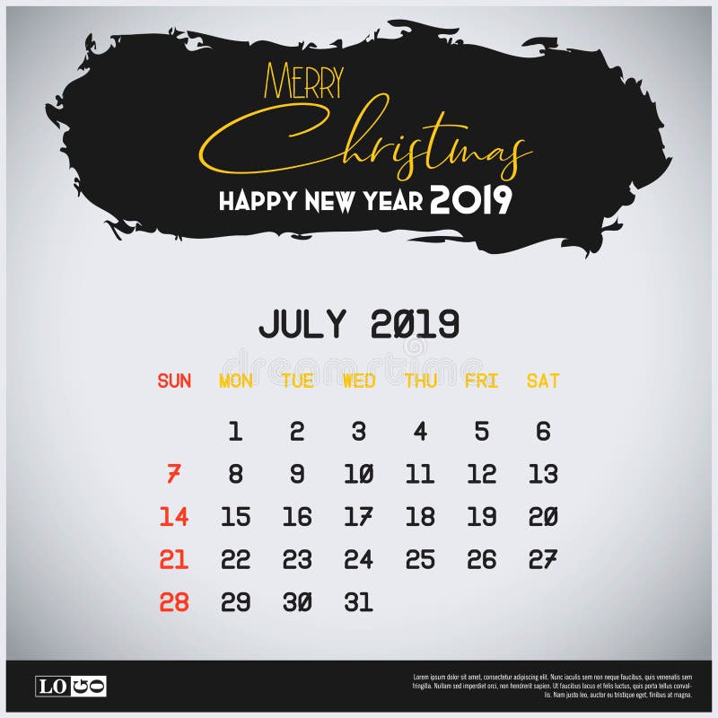 2019 July Calendar Template. Merry Christmas and Happy New Year Red ...