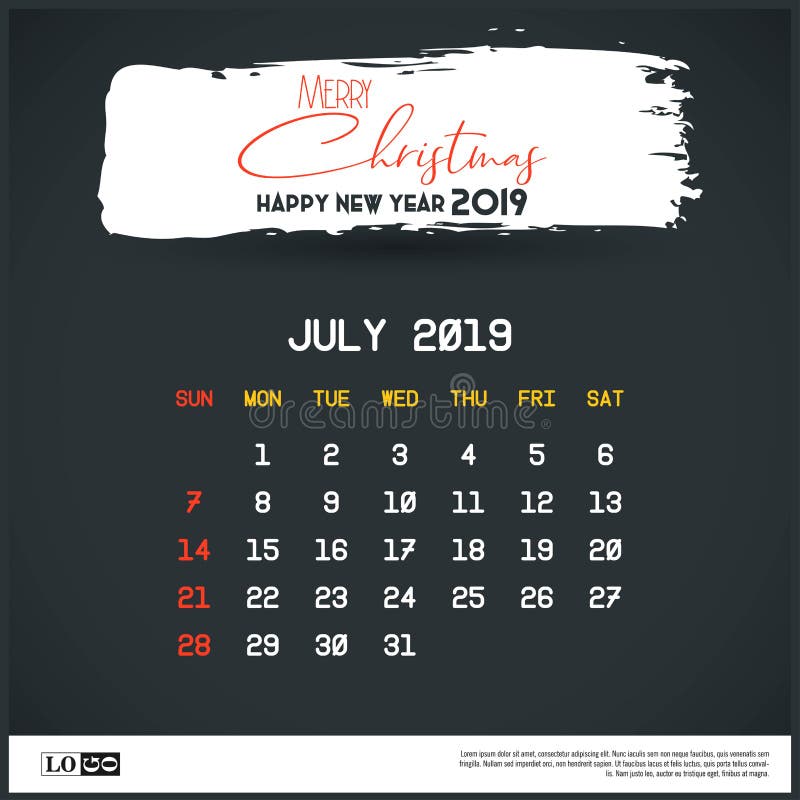 2019 July Calendar Template. Merry Christmas and Happy New Year Blue ...
