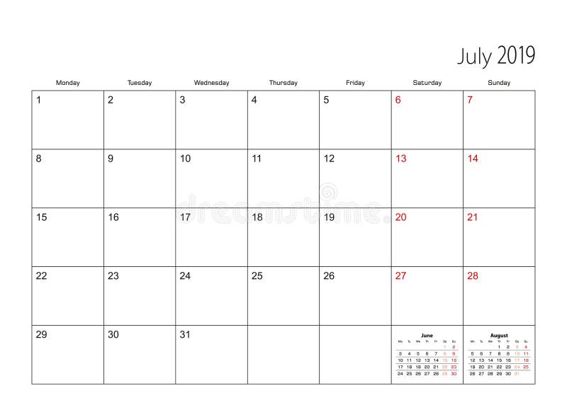 July 2019 Simple Calendar Planner, Week Starts from Monday Stock Vector ...