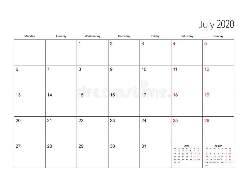 July 2020 Simple Calendar Planner, Week Starts from Monday Stock Vector ...