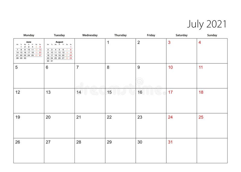July 2021 Simple Calendar Planner, Week Starts from Monday Stock Vector ...