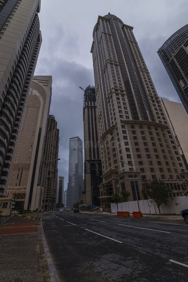 July 10, 2020 : Street View of Modern Skyscrapers at Twilight in Doha ...