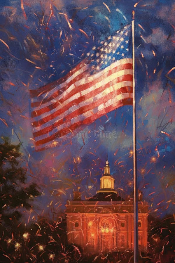 July 4th American Flag and Fireworks Display Stock Illustration ...