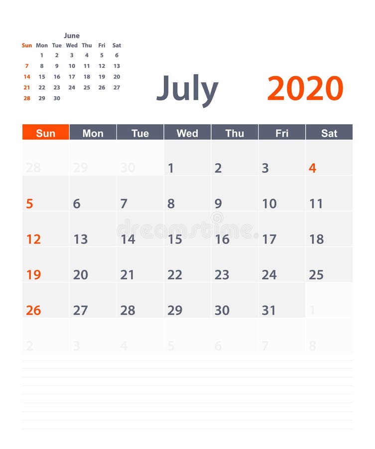 July 2020 Vector Planning Calendar Stock Vector - Illustration of ...