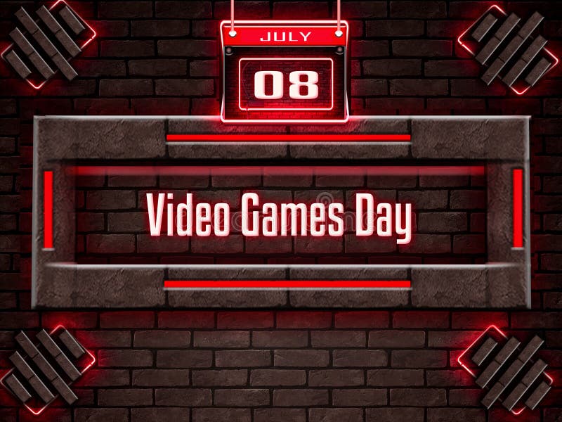08 July, Video Games Day, Neon Text Effect on Bricks Background Stock ...