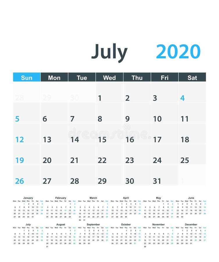 July 2020 wall calendar stock vector. Illustration of organization ...