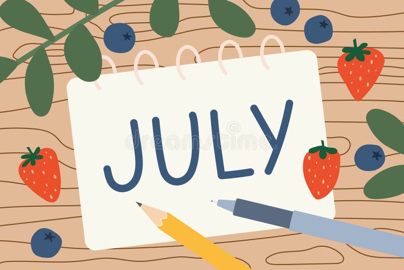 July Written in a Spiral Notebook Summer Vacation Concept Stock Vector ...