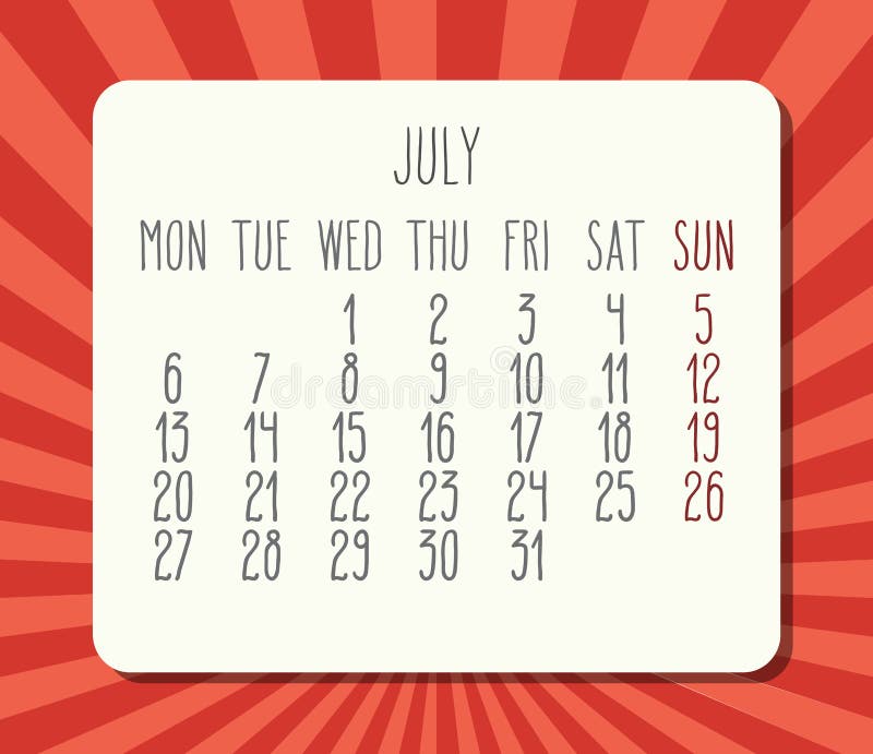 July Year 2020 Monthly Bright Rays of Light Calendar Stock Vector ...