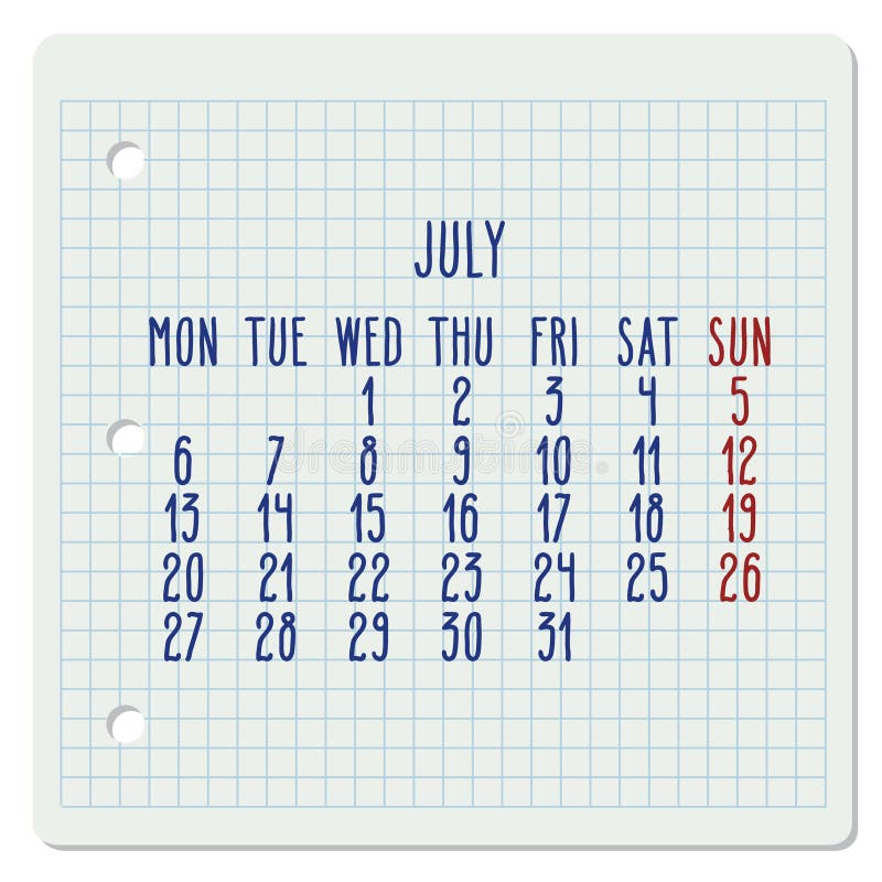 July Year 2020 Monthly Notebook Page Calendar Stock Vector ...