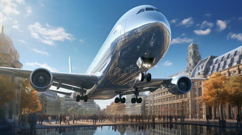 Jumbo Jet Flying Over Modern Architecture in London, Creating a ...