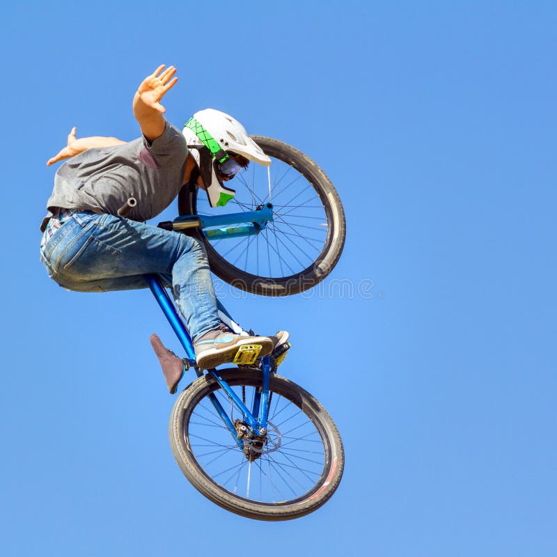 Jump with mtb in the sky stock image. Image of biker - 169410427