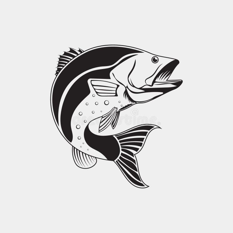 Jumping Big Bass Fish Vector Illustration Set with Black and White ...